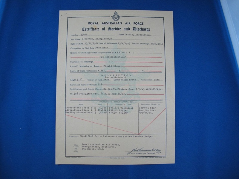 RAAF Certificate of Service and Discharge- Darcy M. O'Connor; RAAF ...