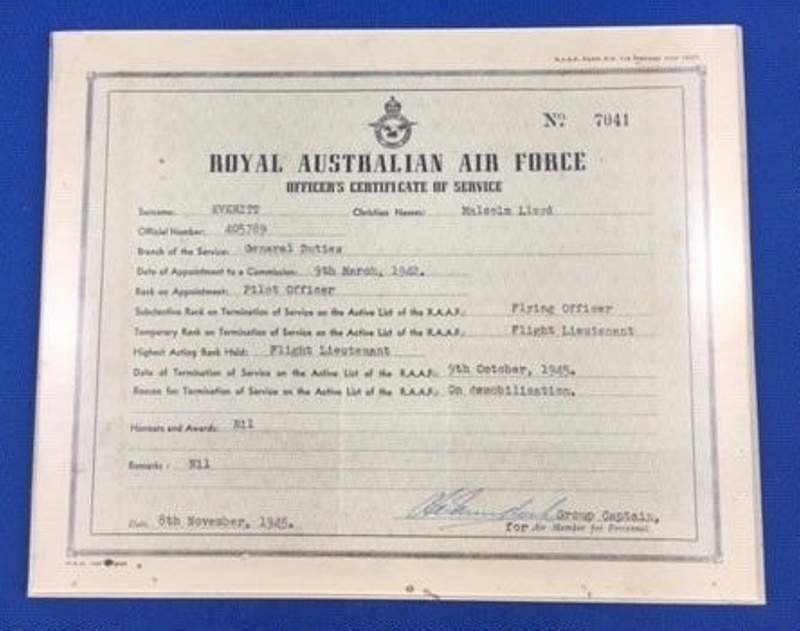 RAAF Officer's Certificate of Service -Malcolm Lloyd Everitt 405789; R ...