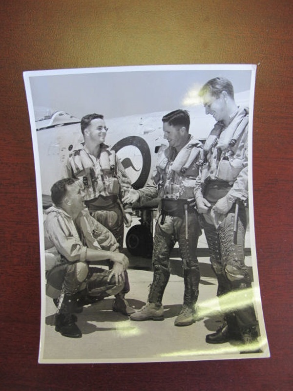 Four RAAF Sabre pilots belonging to 78 Wing aerobatic team standing in ...
