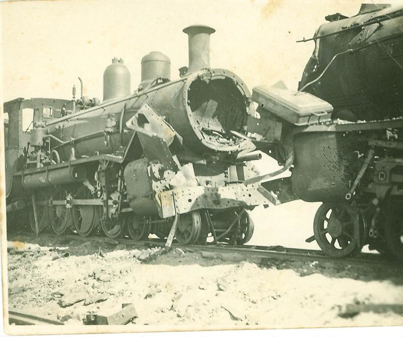 Train engines separated after head-on collision, Moselle Siding, 1938 ...