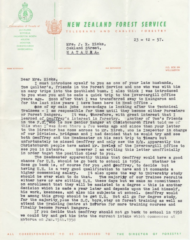 Letter, N.Z Forest Service to Clara Hicks; Johnson, J; 23.12.1957 ...