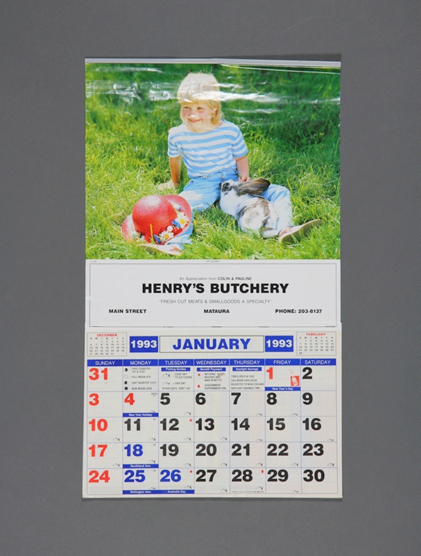 Calendar, Henry's Butchery, Mataura; Tanner Couch; 1993; MT2012.111.3 ...