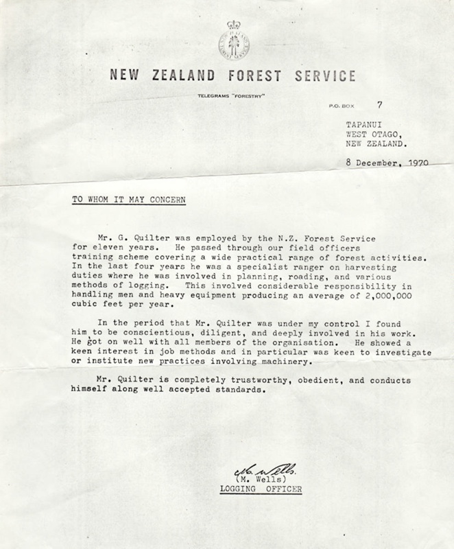 Reference, New Zealand Forest Service to Geoffrey Quilter; New Zealand ...