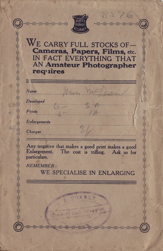 Photograph envelope, J.S. Corbet, Chemist, Mataura ; 1935-1937; MT2012 ...
