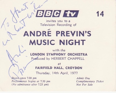 Andre Previn signed invitation; APR 1977; 197704DE ANDRE PREVIN SIGNED ...