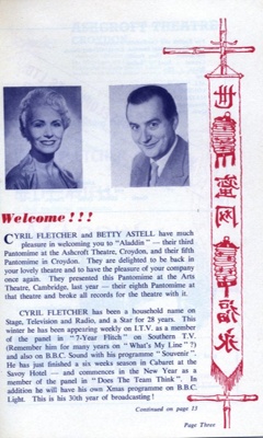 PROGRAMME PANTO ALADIN PG3 CYRIL FLETCHER BETTY ASTELL; DEC 1965 ...
