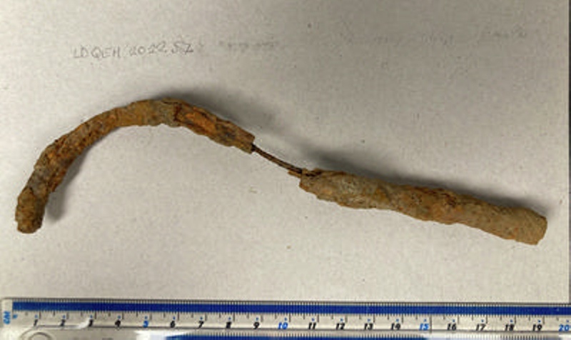 Tool, metal, corroded, with handle and curved blade or scraper; LDQEH ...