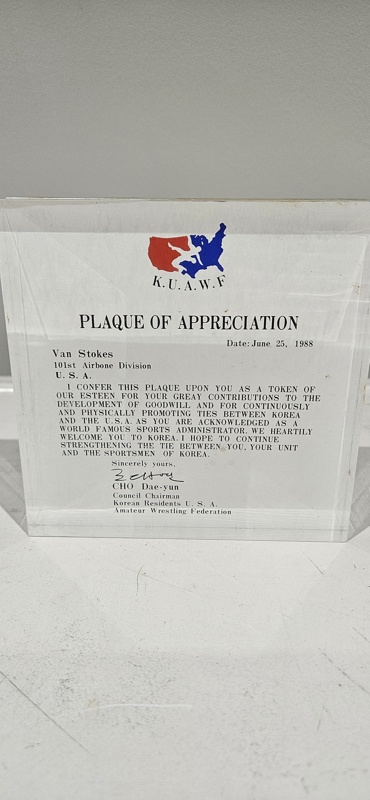 Van Stokes - Plaque of Appreciation ; M2142 | eHive