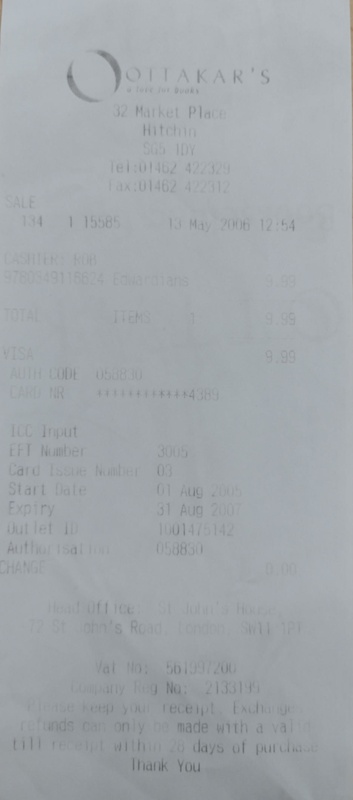 Ottakar's receipt; Ottakar's; 2006-05-13; 2023.284.35.1 | eHive