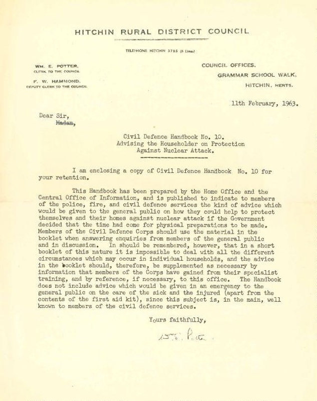 Civil Defence Handbook No.10 letter; Hitchin Rural District Council; 11 ...