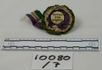 Suffragette rosette badge; 1907-1914; 10080/7 | eHive