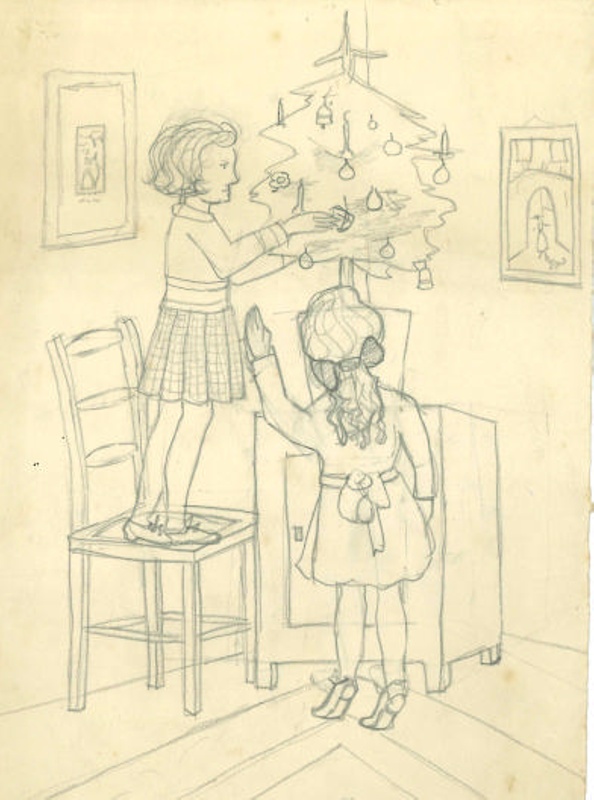 Sketch of girls decorating a Christmas tree; 2025.73.30 | eHive