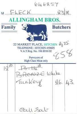 Allinghams turkey receipt; Allingham Bros Butchers; 2000; 2023.284.5.1 ...