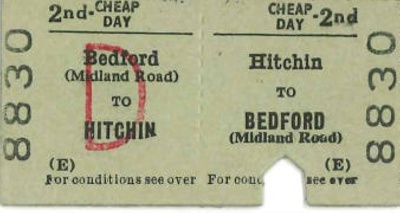 2nd class return train ticket Bedford to Hitchin; British Transport ...