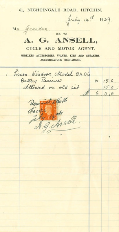 Receipt from A.G. Ansell; A.G. Ansell; 1939-07-14; 2025.84 | eHive