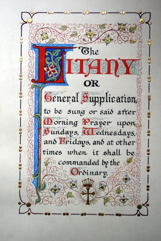 Manuscript [Hand-painted litany, unbound, on eight folio sheets, with ...