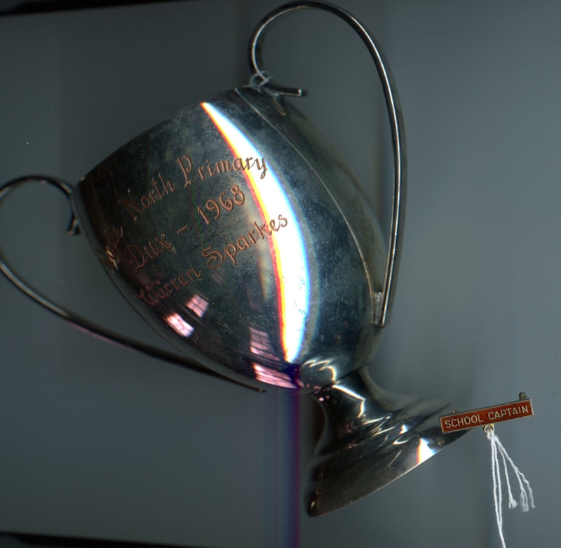 School dux trophy and school captain badge of Warren Sparkes; 1968 ...