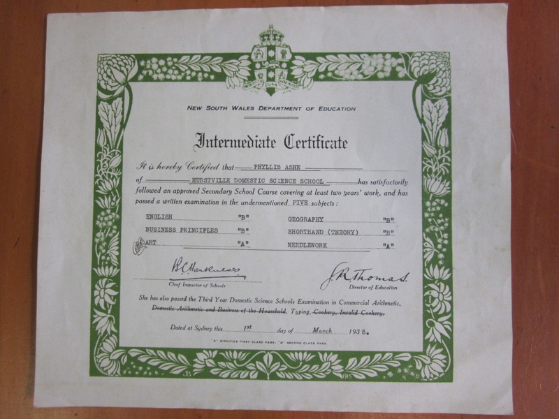 Intermediate Certificate; NSW Department of Education; 1/3/1935; 2000 ...