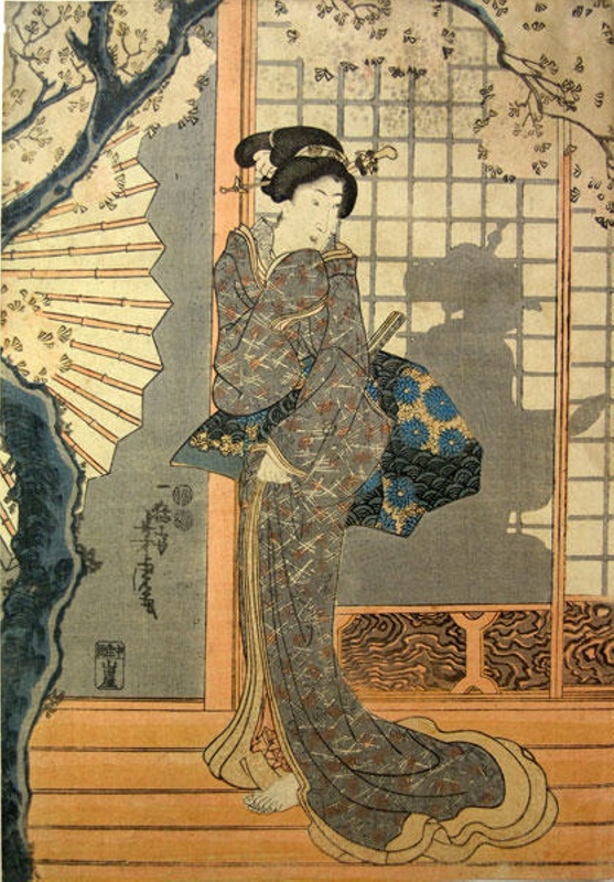 Japanese print of woman in front of screen; Utagawa Yoshitora (Japanese ...