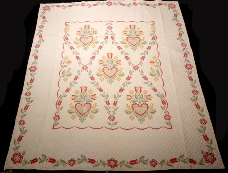 Hearts and Tulips-Cross Stitch Quilt; Nancy Ochs (American, 20th ...