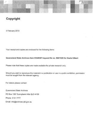 Letter and inquest report and certificate; Various; 13 August 1920 ...