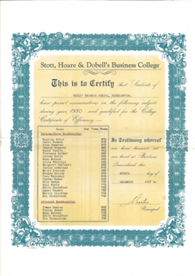 Stott, Hoare & Dobell's Business College Certificate; Scott, Hoare ...