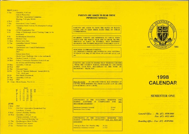 RGGS School calendars - Semesters One and Two 1997; Semester One 1998 ...