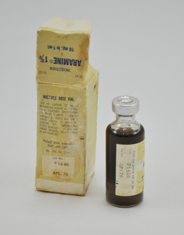 Aramine vial in box with instructions., Isuprel, Adrenaline; David Bull ...