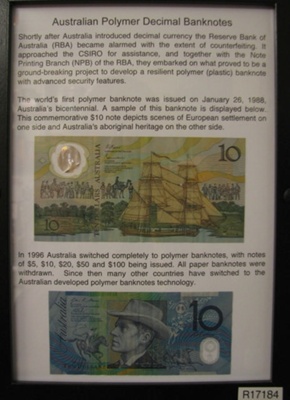 Framed display of Australian polymer decimal banknotes; Australian Mint ...