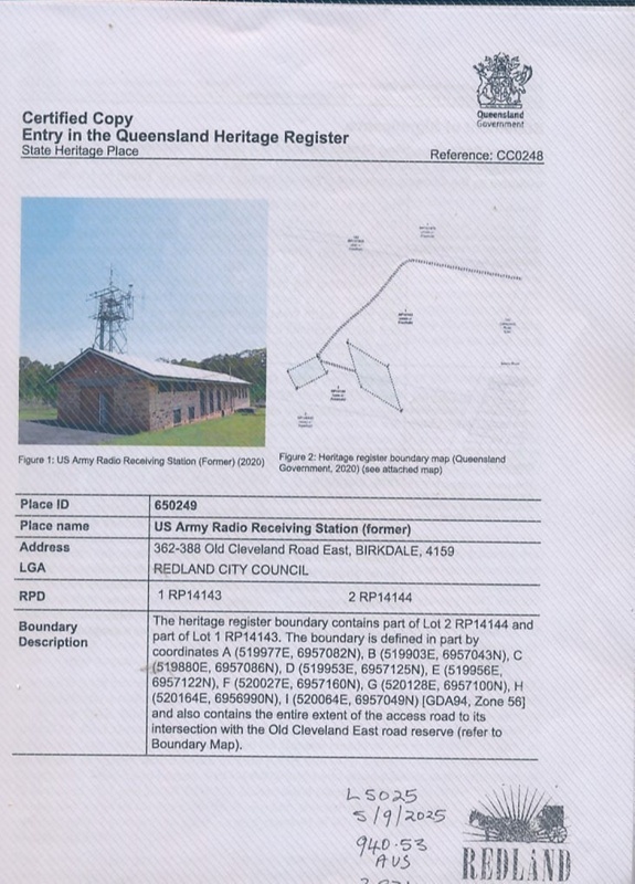 US Army Radio Receiving Station (former): certified copy: entry in the ...