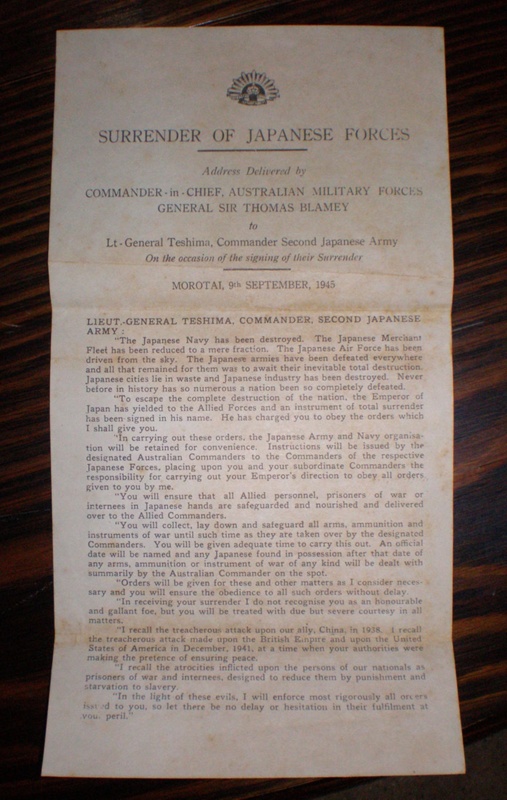 Surrender of Japanese Forces - copy of address delivered and other ...