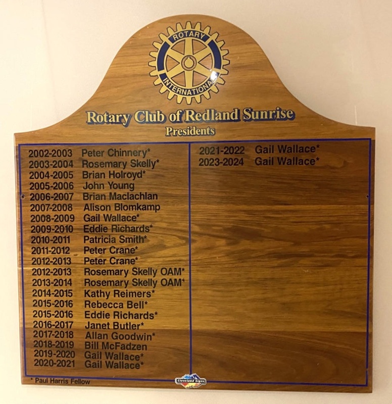 Rotary Redland Sunrise Club Presidents Honour Board; Rotary ...