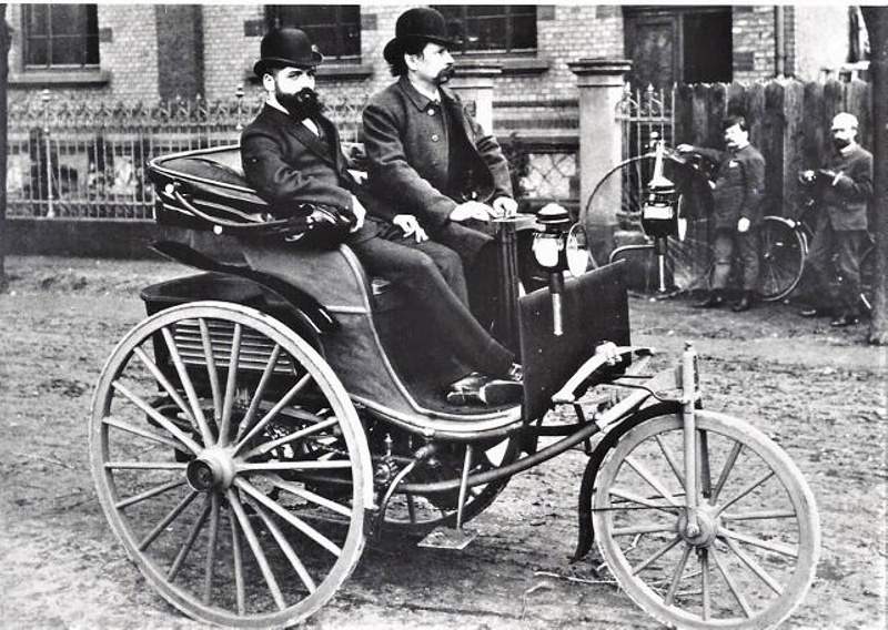 Photograph of a 1886 Single Cylinder Benz Motor Vehicle. Karl Benz is ...