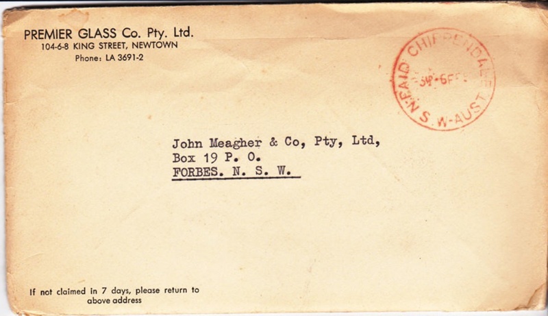 Envelope from Premier Glass Co, Sydney to John Meagher & Co, General ...