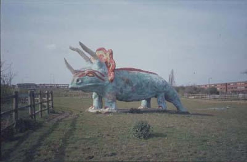 Triceratops Sculpture in Peartree Bridge [Side view]; Unknown; [c1981 ...