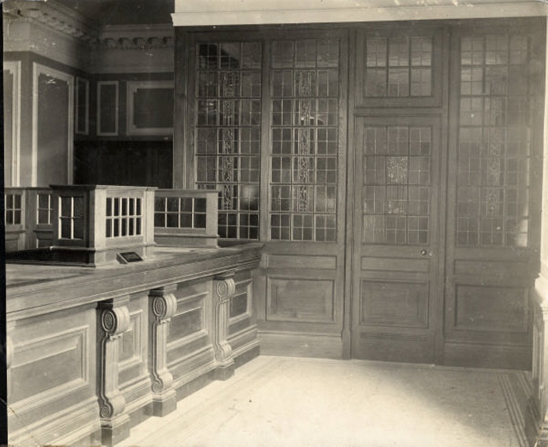 Interior fitting, counter and glass panelled door and side panels ...