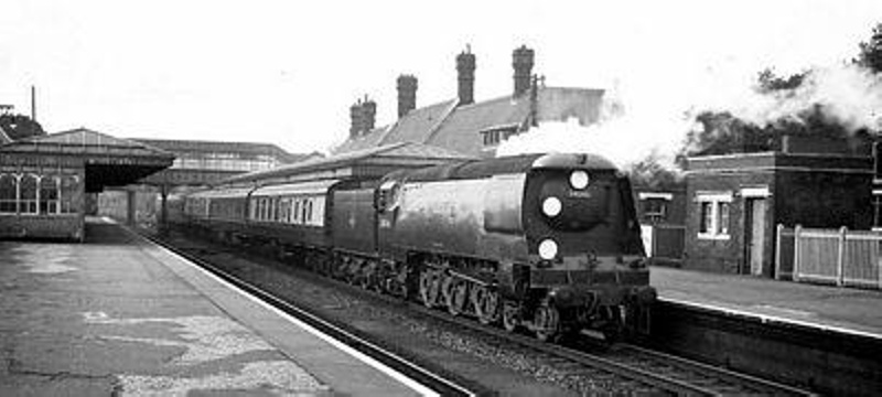 West Country class locomotive Braunton passing Boscombe station, 1958 ...