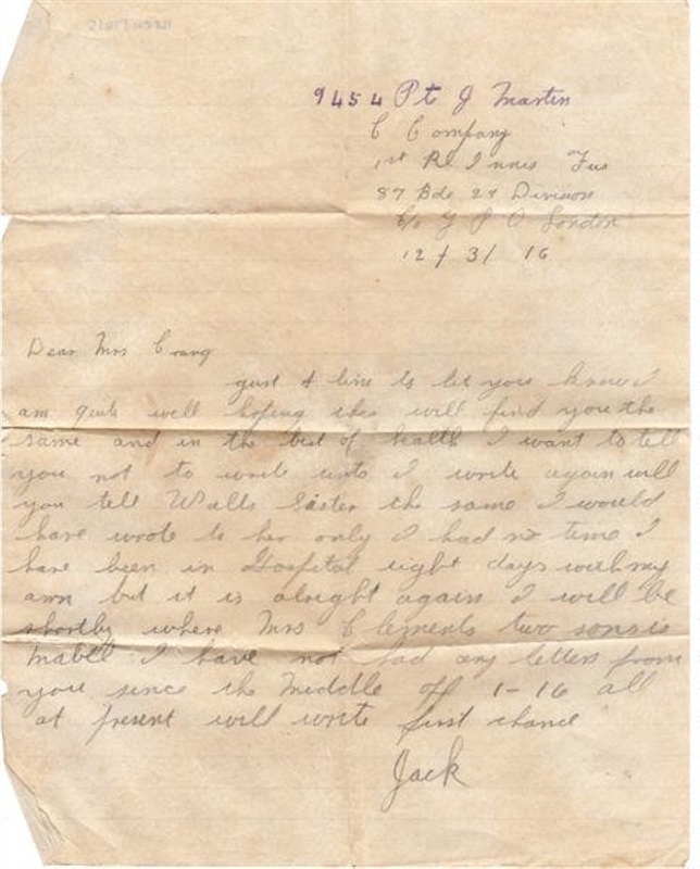 Letter and envelope 12th March 1916 from Private J Martin from the war ...