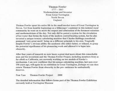 Thomas Fowler Mathematician and Inventor 1777-1843; Museum Torrington ...
