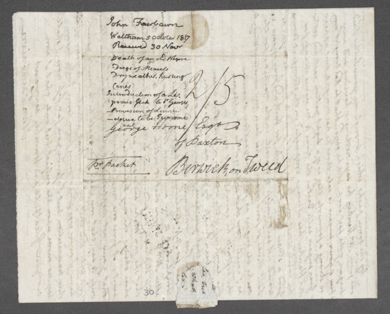 Letter John Fairbairn (Waltham) to George Home 5 October 1817 Death of ...