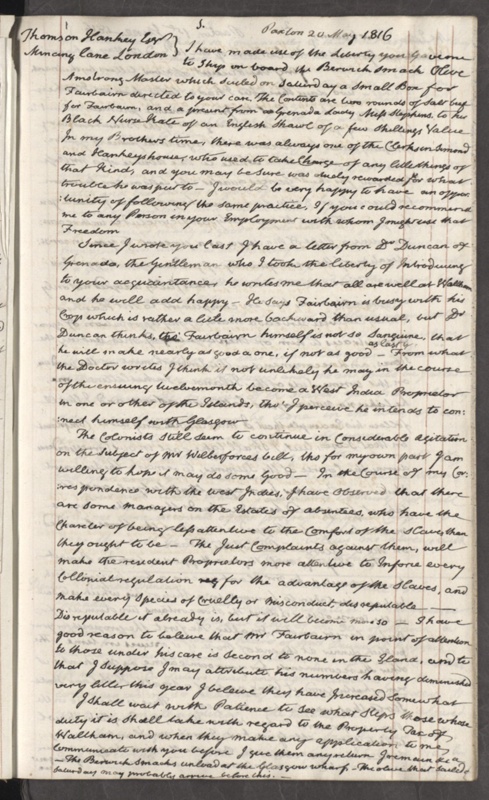 Letter Book - George Home to Thomas Hankey 20 May 1816 Sending a box to ...