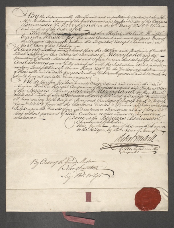 Patent from Robert Melvill appointing Ninian Home as a knight of the ...
