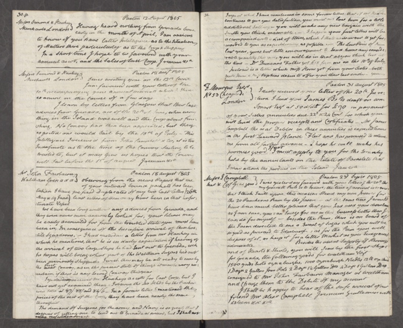 George Home to John Fairbairn 18 August 1805 Long delay in hearing from ...