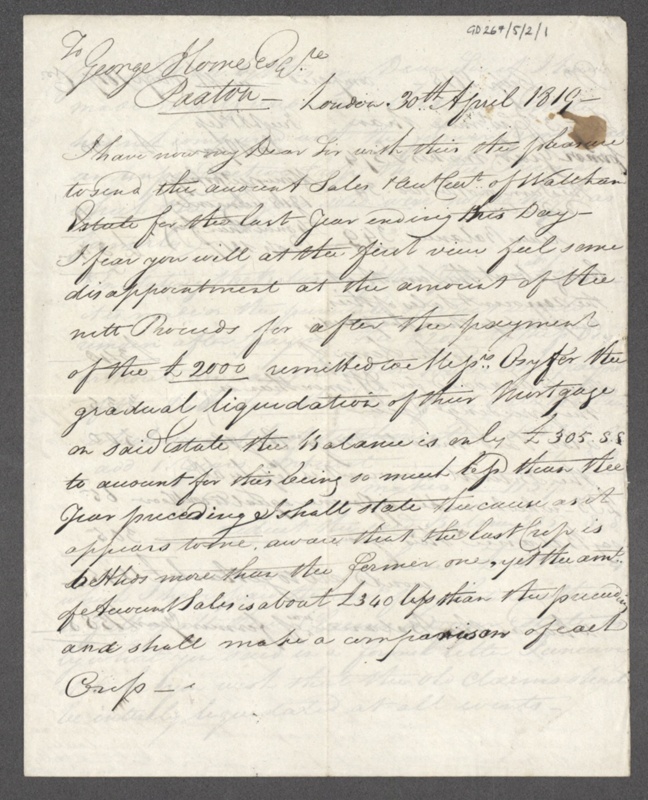 Thomson Hankey to George Home 30 April 1819 Waltham's account after ...