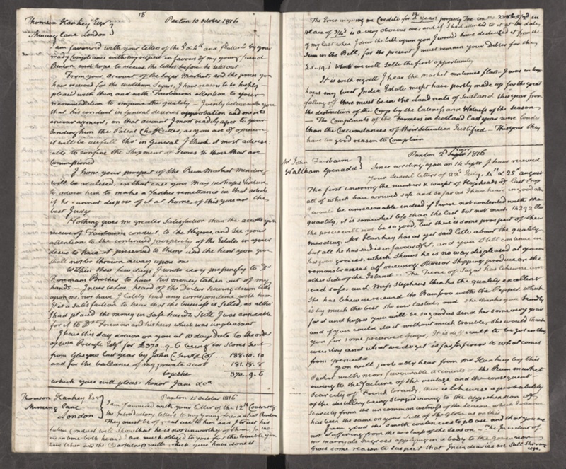 Letter Book - George Home to Thomson Hankey 10 October 1816 sugar ...