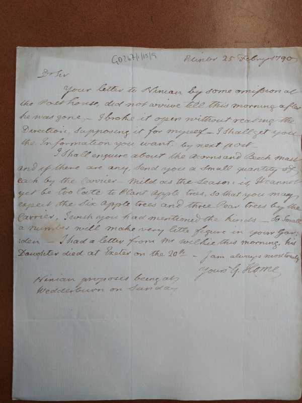 George Home to Patrick Home 25 February 1790 Letter for Ninian arrived ...