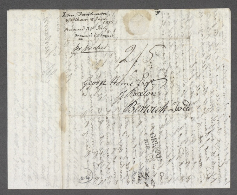 Letter - John Fairbairn to George Home 8 June 1815 Sugar crop - has ...