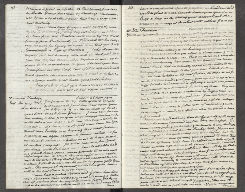 Letter Book - George Home to Thomas Hankey 26 November 1813 Asks for ...