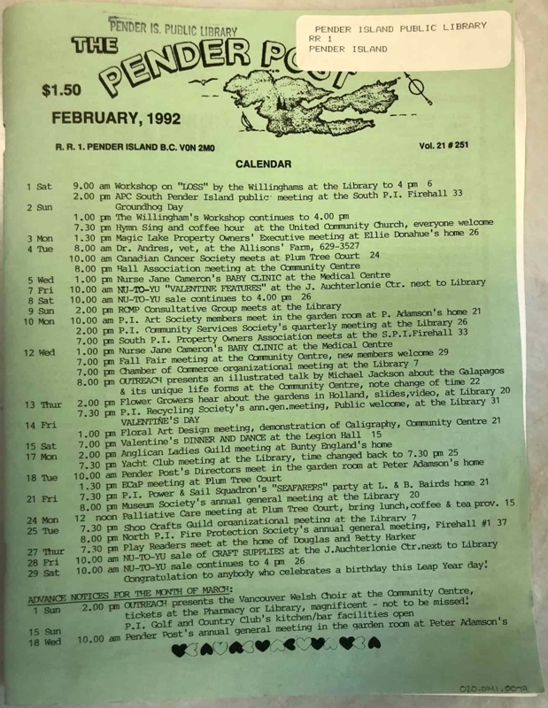 The Pender Post, February 1992; Pender Post Society; 1992; 020.0141. ...