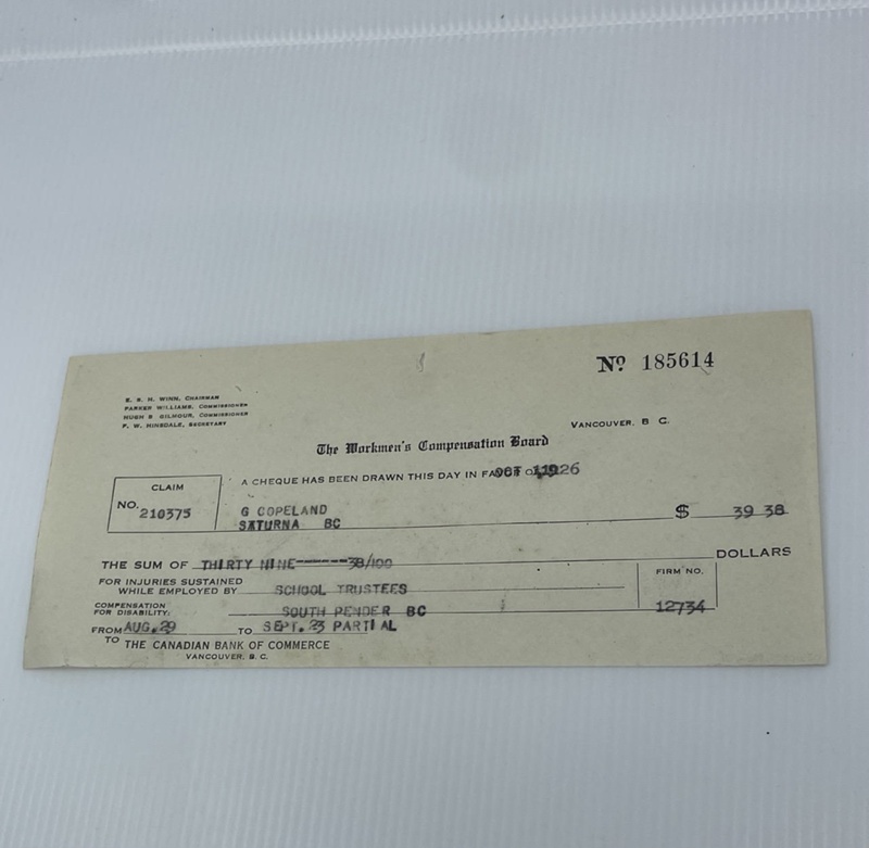 Workmen's Injury Compensation Check South Pender School to G Copeland ...